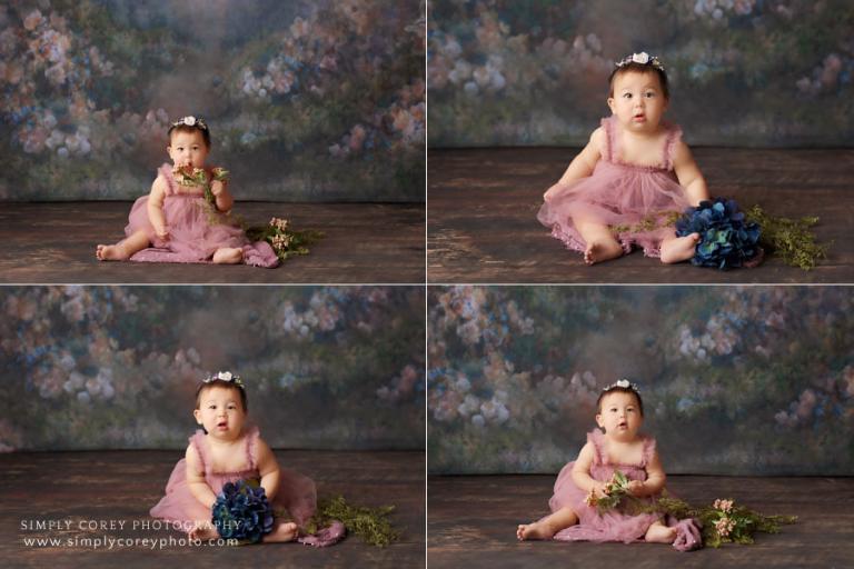 Villa Rica Baby Photographer | Studio Sitter Session with Floral Backdrop